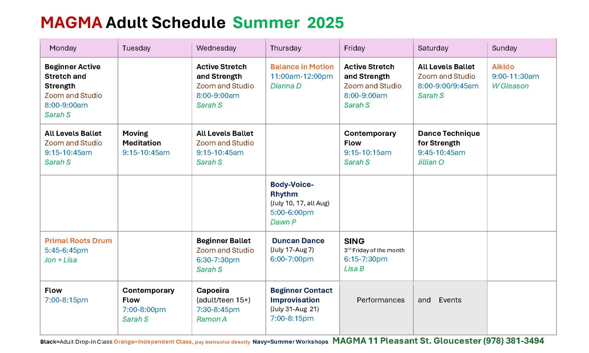 Adult Schedule close up – MAGMA